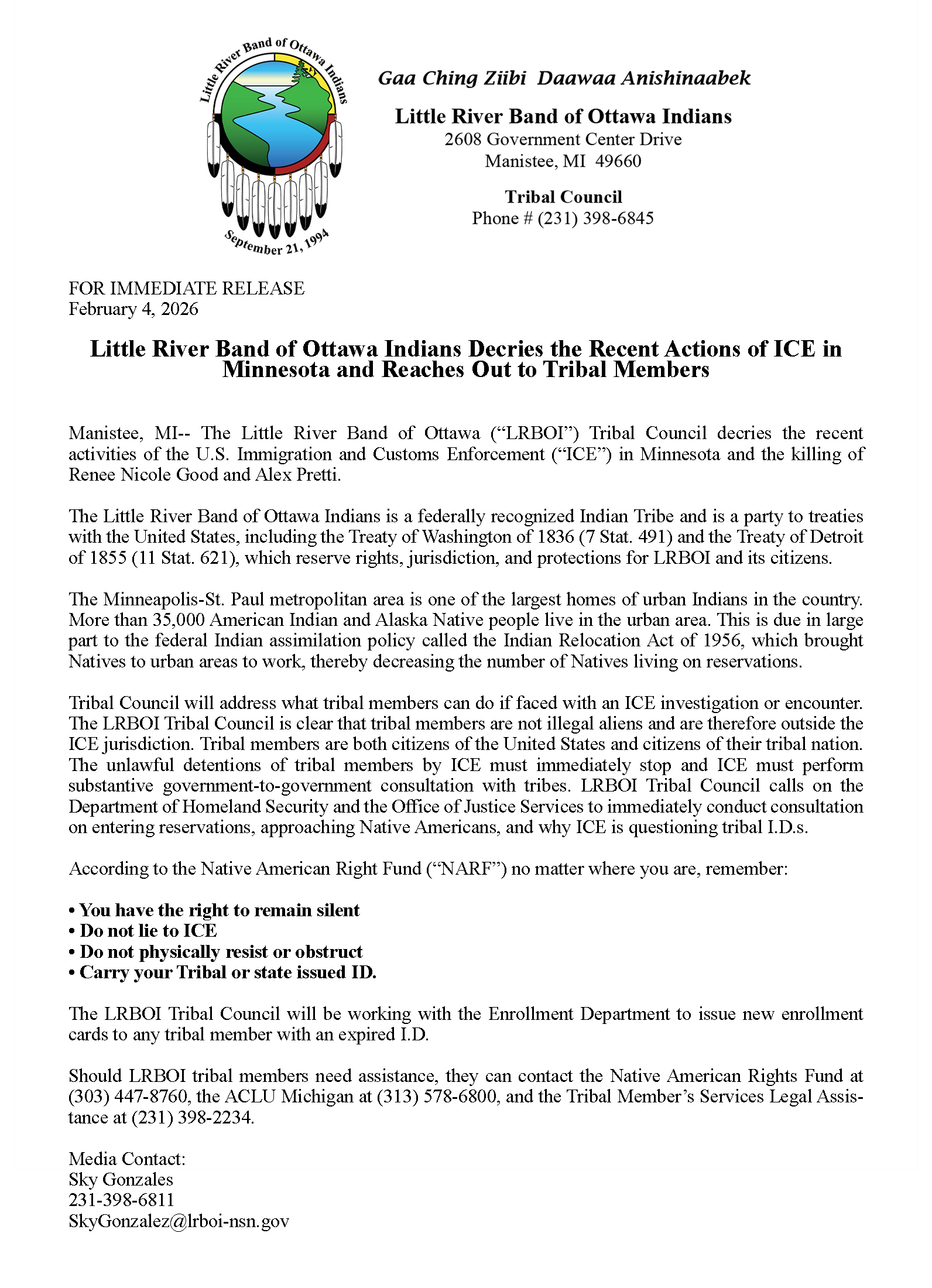 Little River Band of Ottawa Indians Decries the Recent Actions of ICE ...